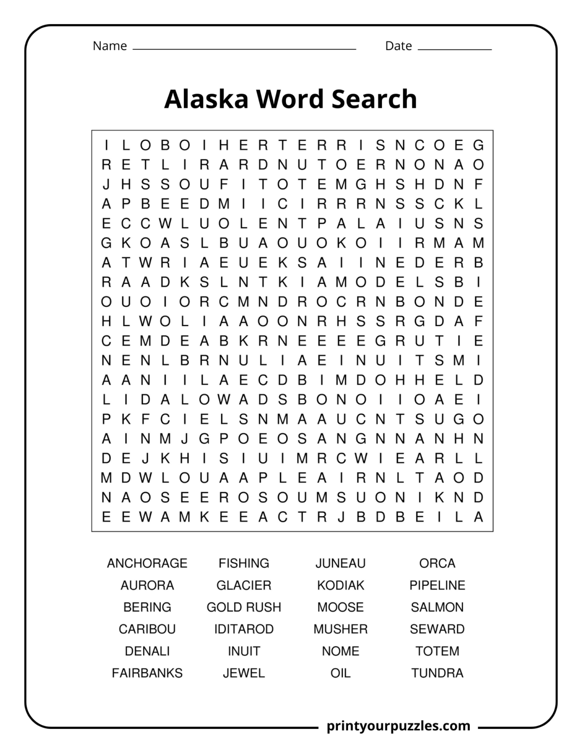 Alaska Word Search | Print Your Puzzles