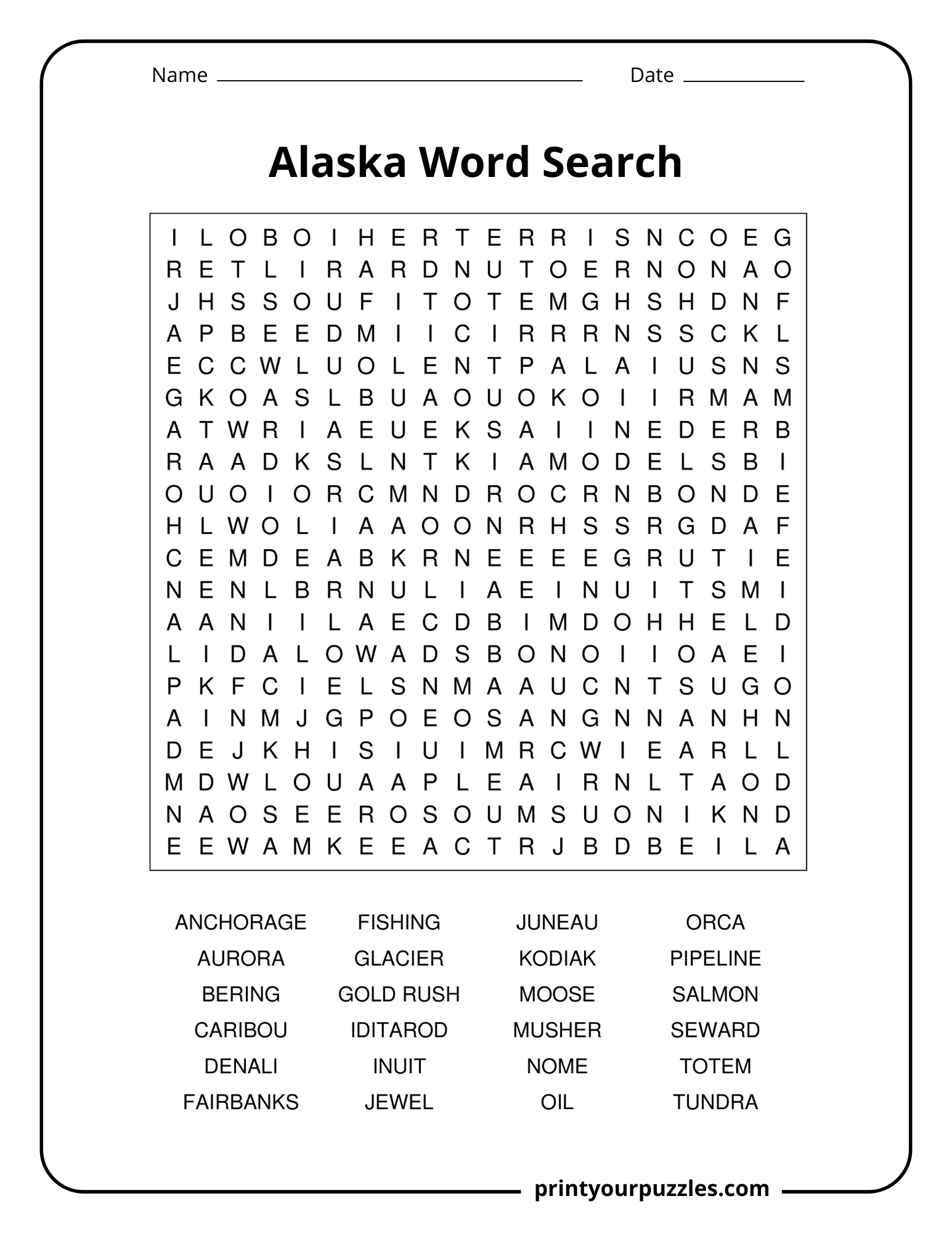 Alaska Word Search | Print Your Puzzles