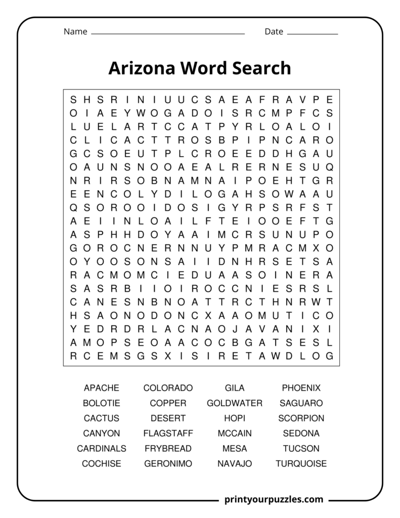 Arizona Word Search | Print Your Puzzles