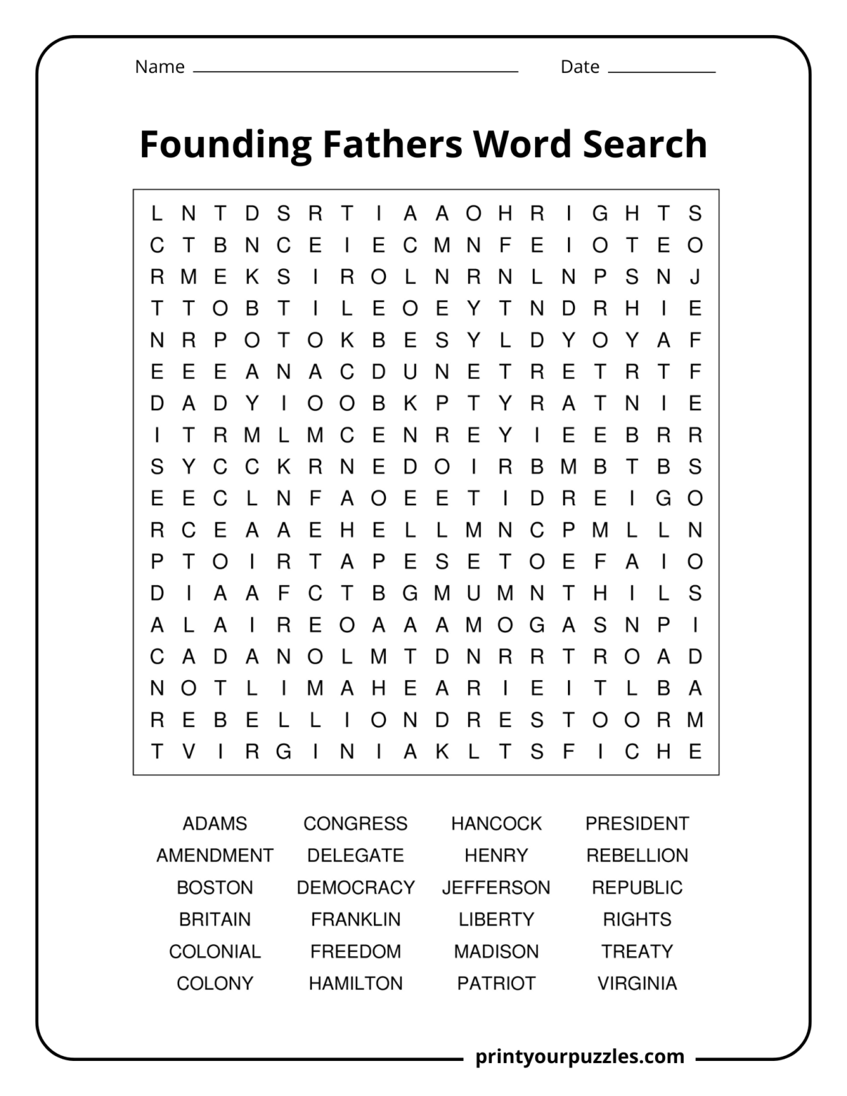 Founding Fathers Word Search | Print Your Puzzles