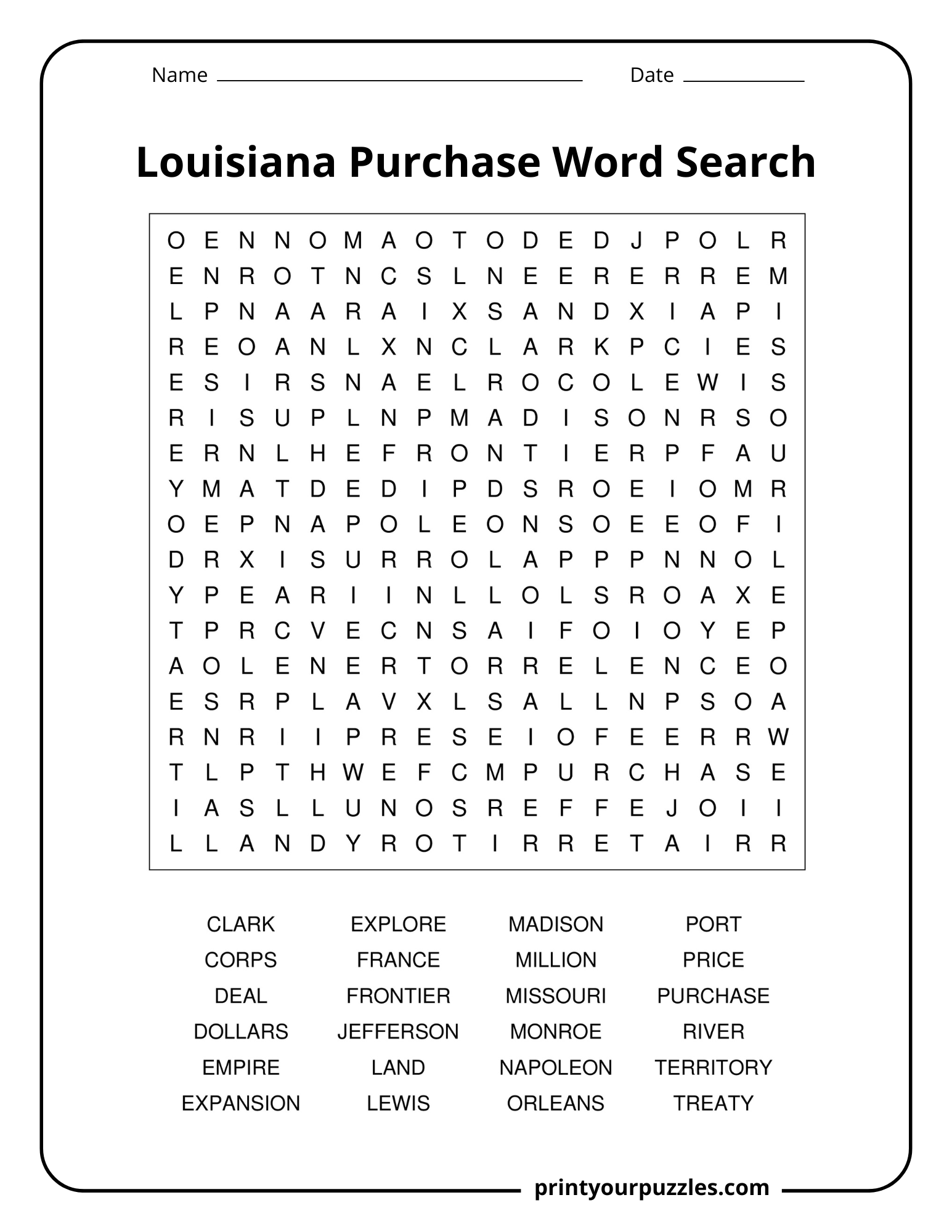 Louisiana Purchase Word Search | Print Your Puzzles