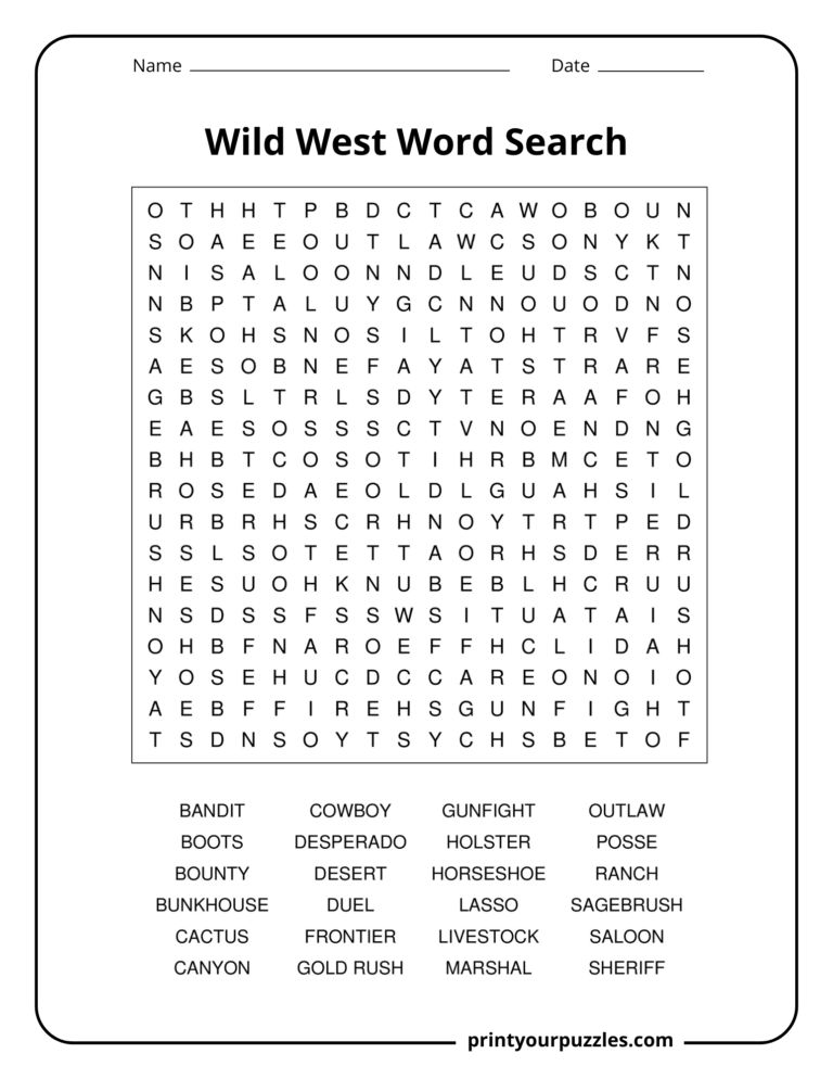 Wild West Word Search | Print Your Puzzles