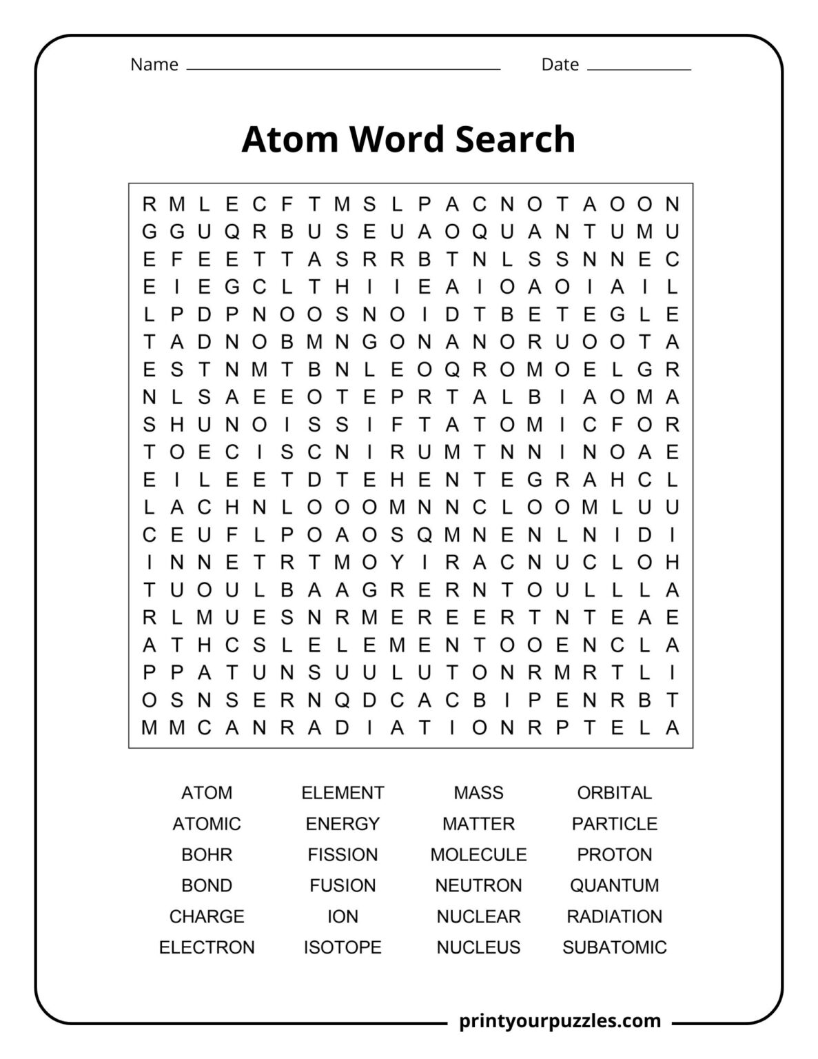 Atom Word Search | Print Your Puzzles