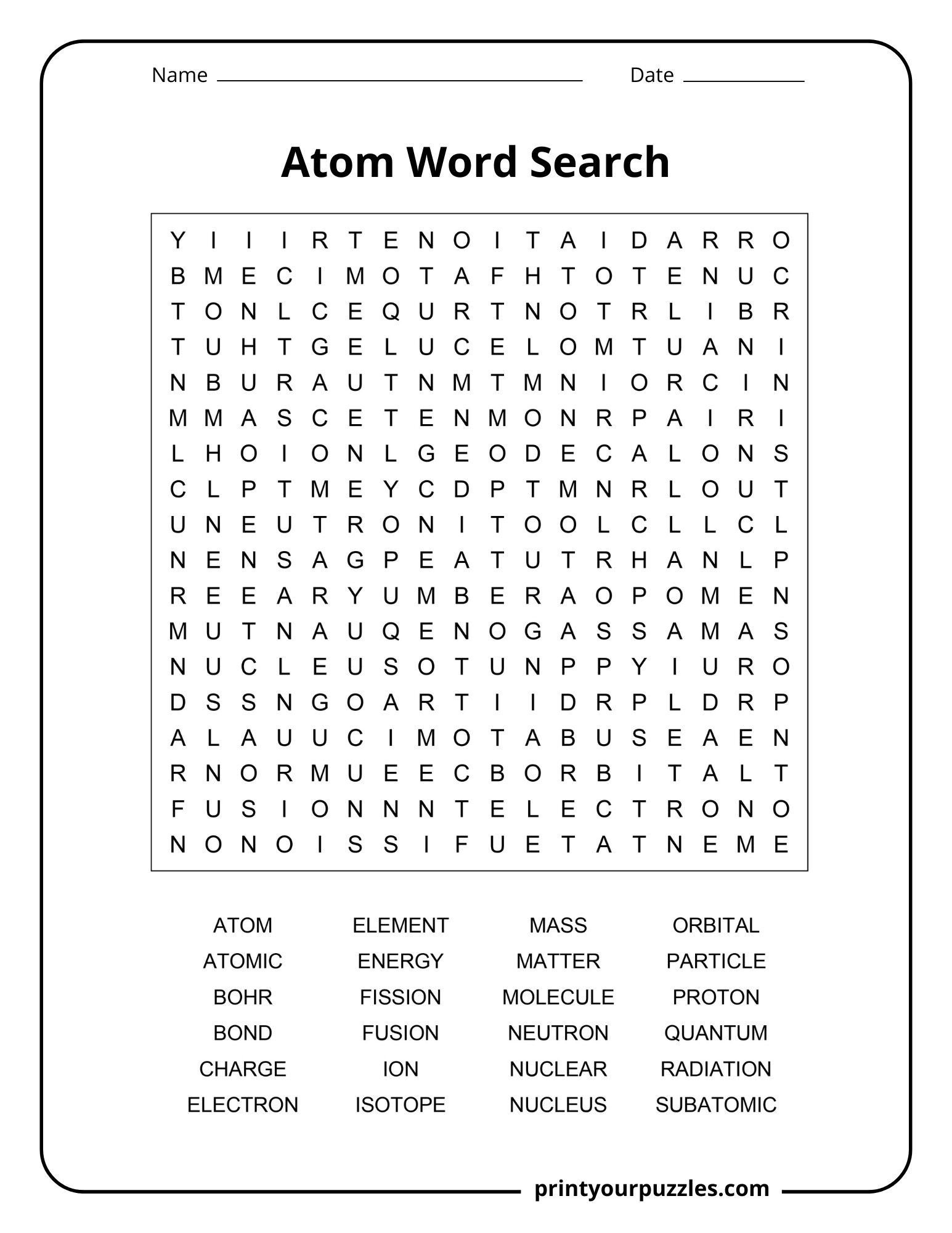Atom Word Search | Print Your Puzzles