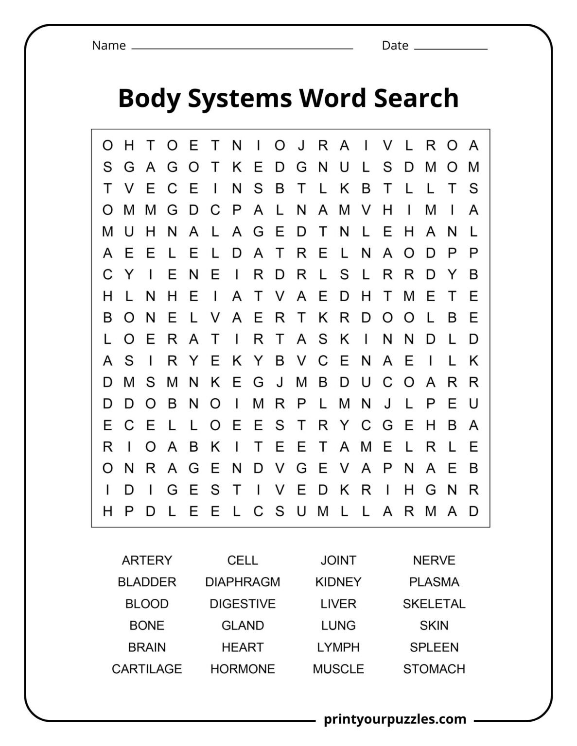 Body Systems Word Search | Print Your Puzzles