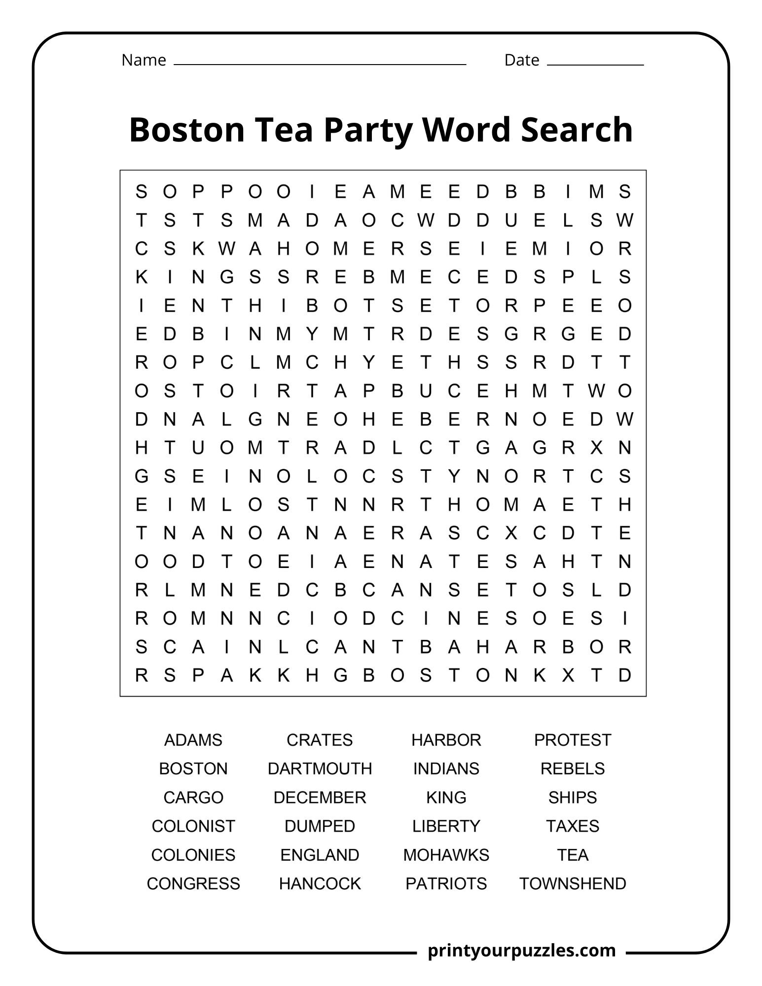 Boston Tea Party Word Search | Print Your Puzzles