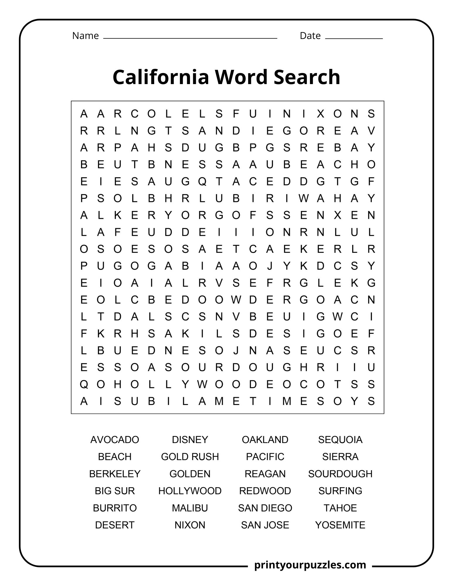 California Word Search | Print Your Puzzles