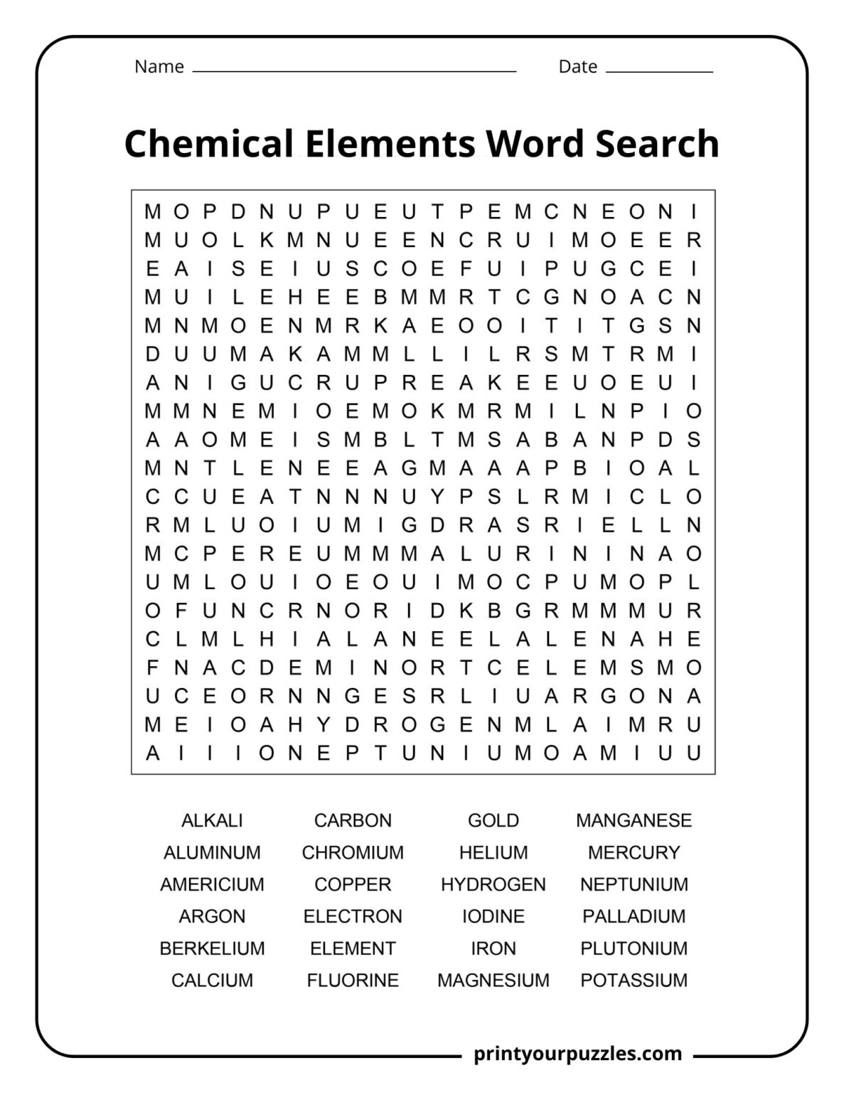 Chemical Elements Word Search | Print Your Puzzles