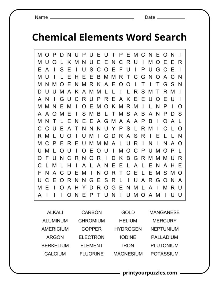 Chemical Elements Word Search | Print Your Puzzles