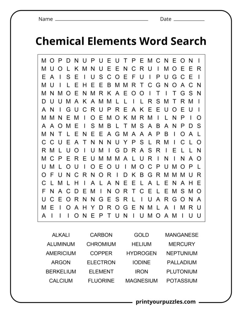 Chemical Elements Word Search | Print Your Puzzles