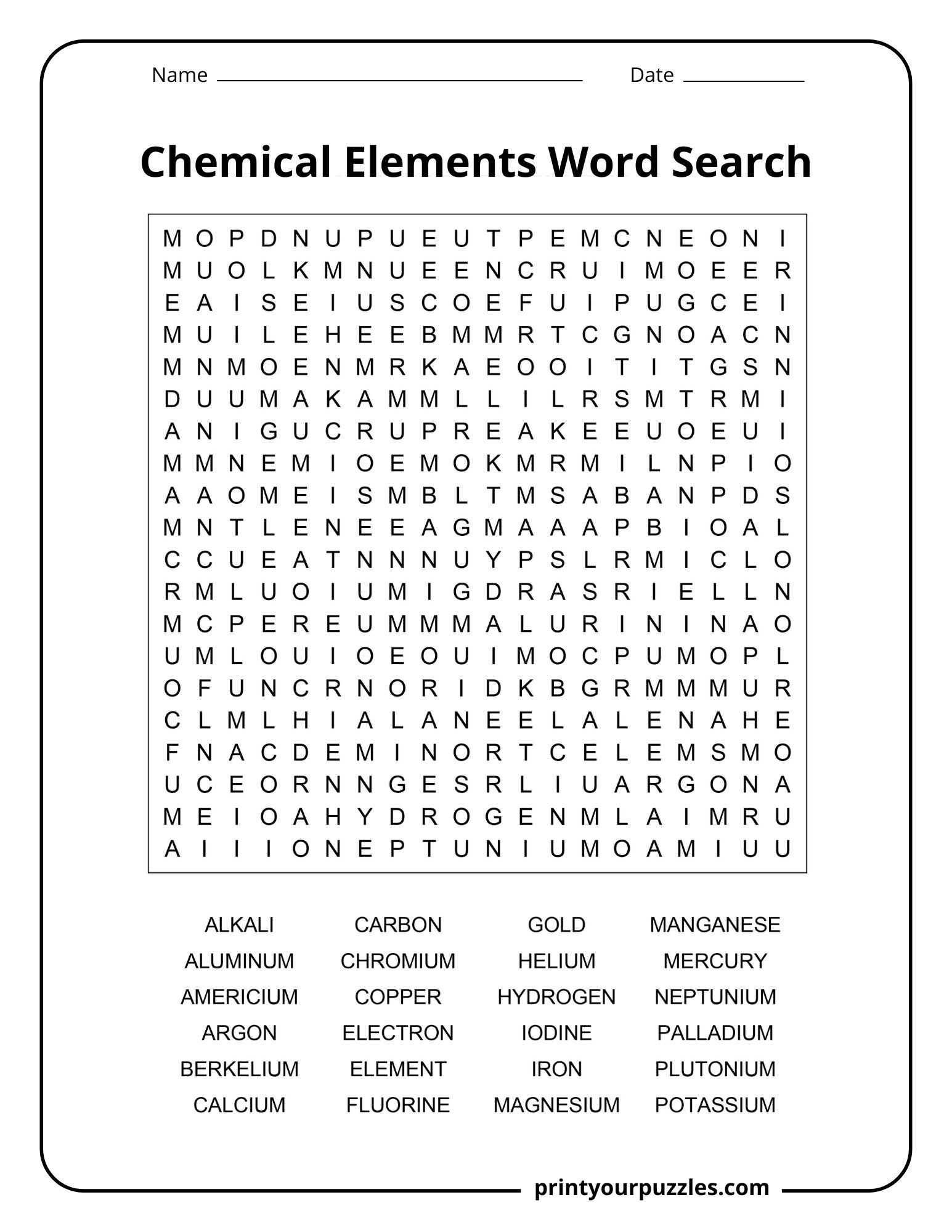 Chemical Elements Word Search | Print Your Puzzles