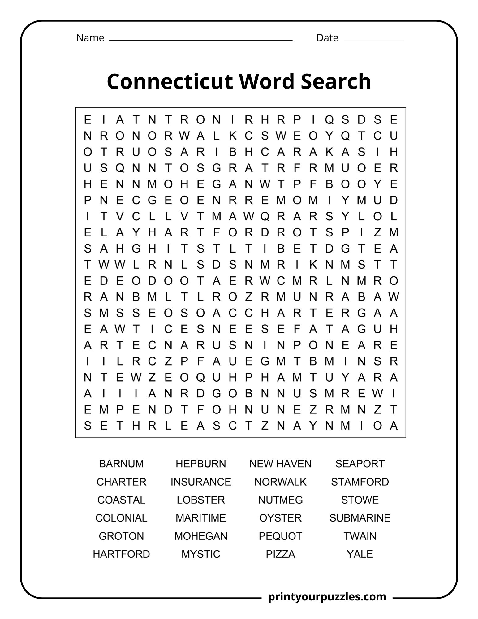 Connecticut Word Search | Print Your Puzzles