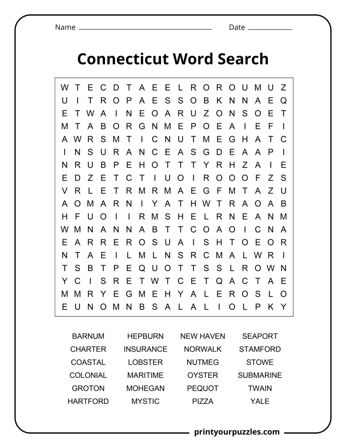 Connecticut Word Search | Print Your Puzzles