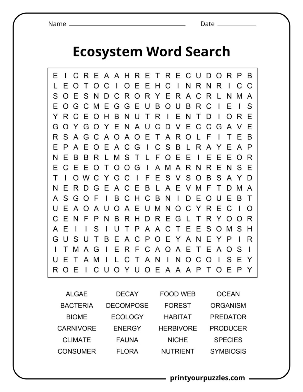 Ecosystem Word Search | Print Your Puzzles