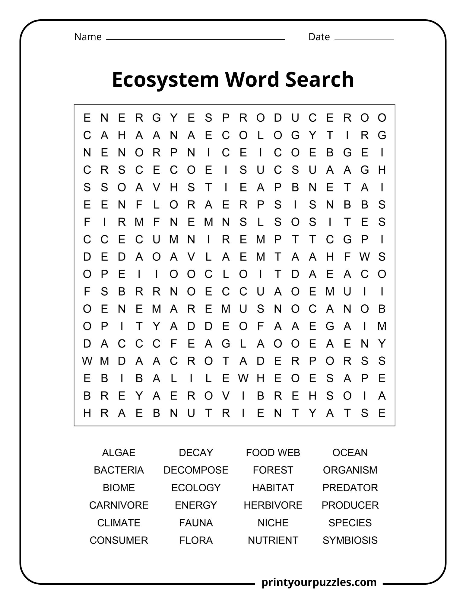 Ecosystem Word Search | Print Your Puzzles