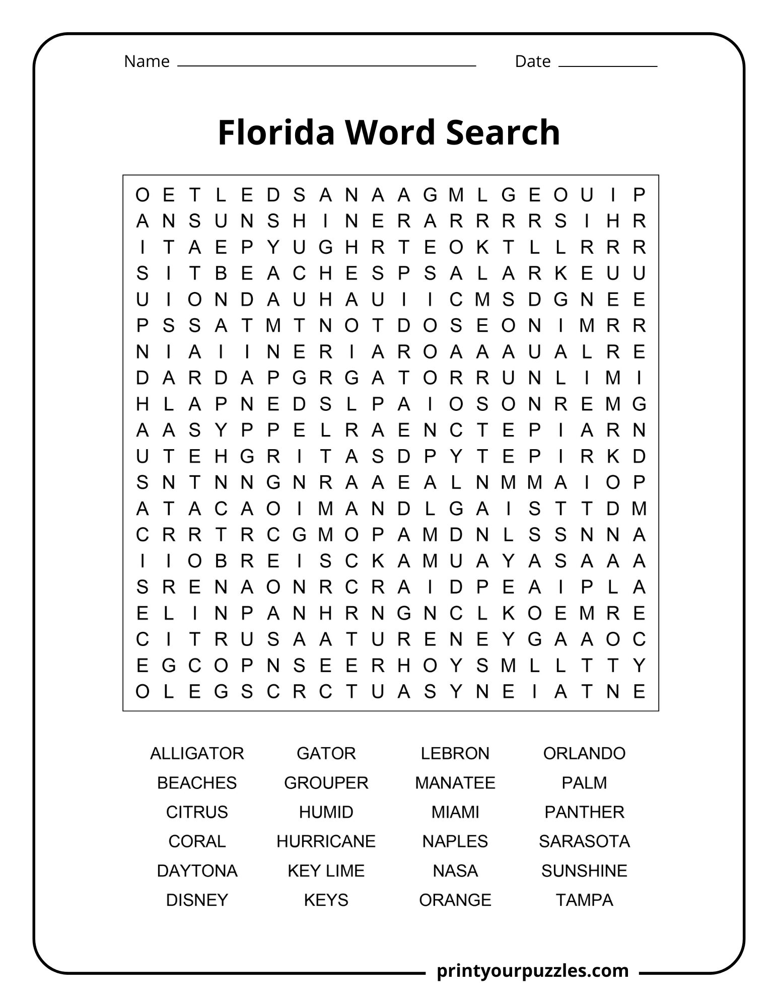 Florida Word Search | Print Your Puzzles