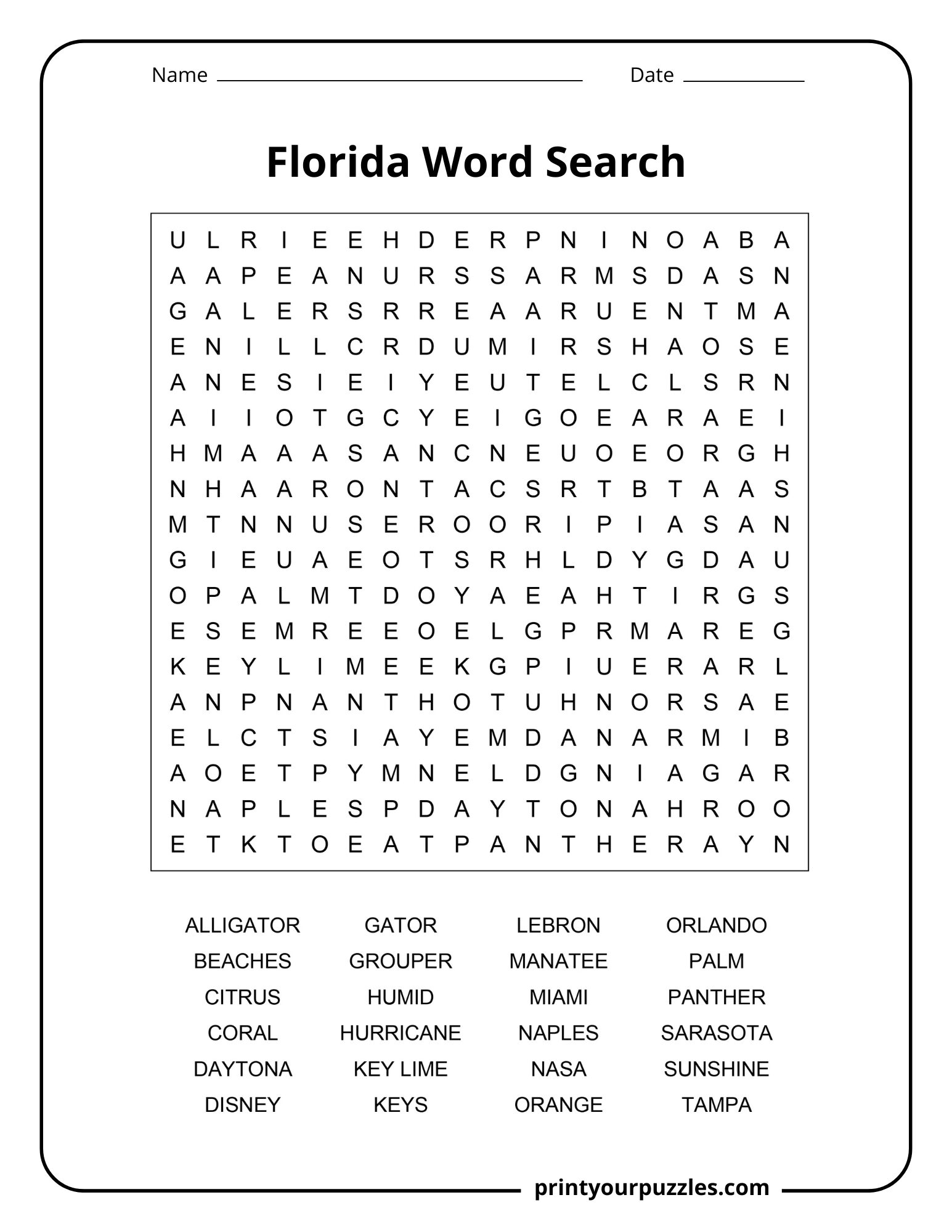 Florida Word Search | Print Your Puzzles