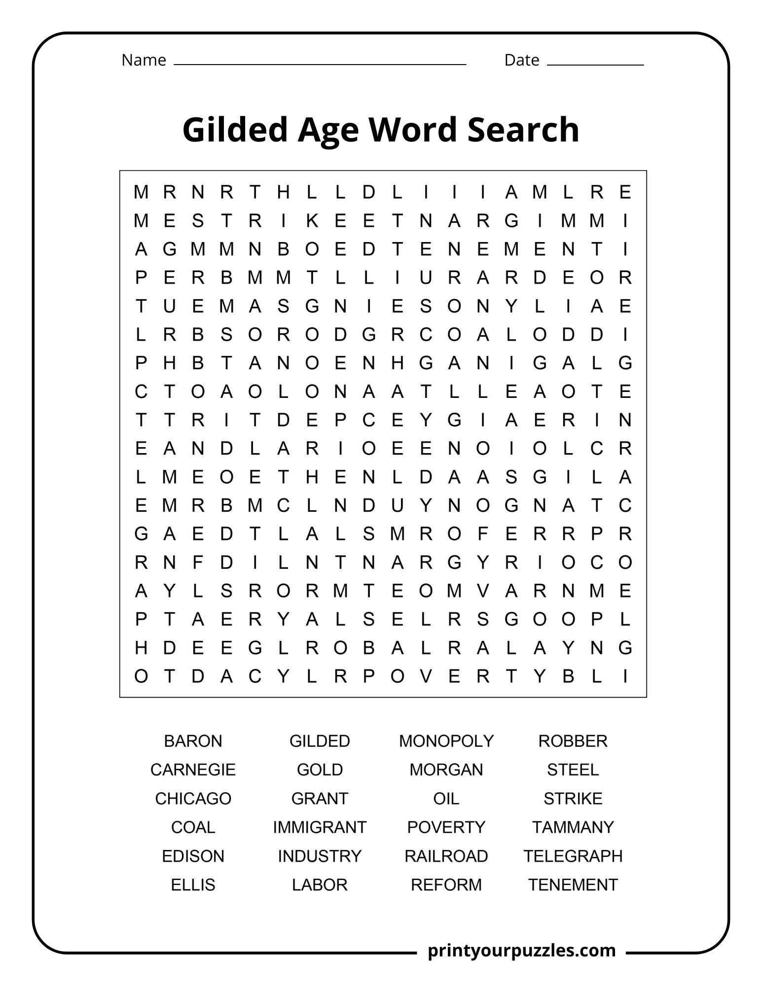 Gilded Age Word Search | Print Your Puzzles