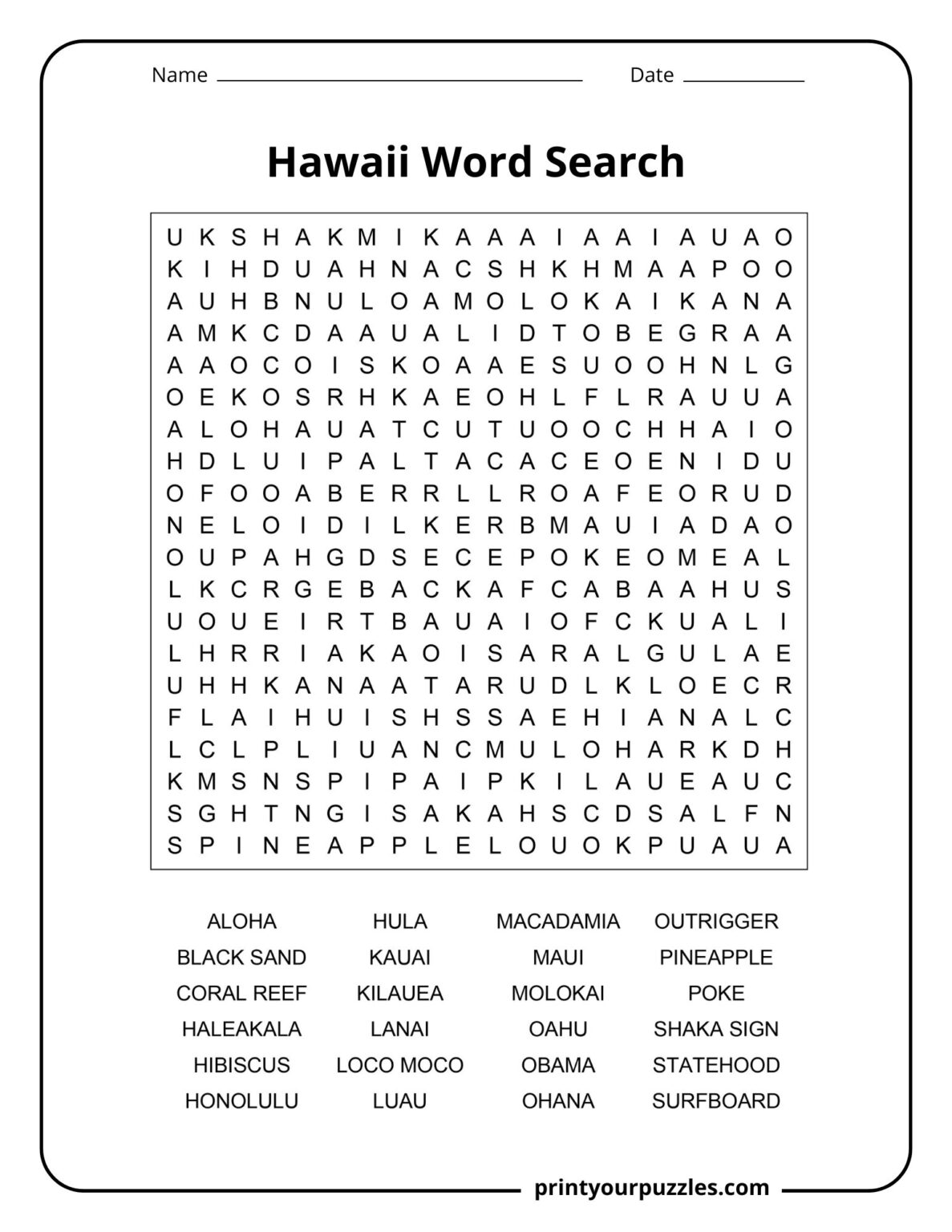 Hawaii Word Search | Print Your Puzzles
