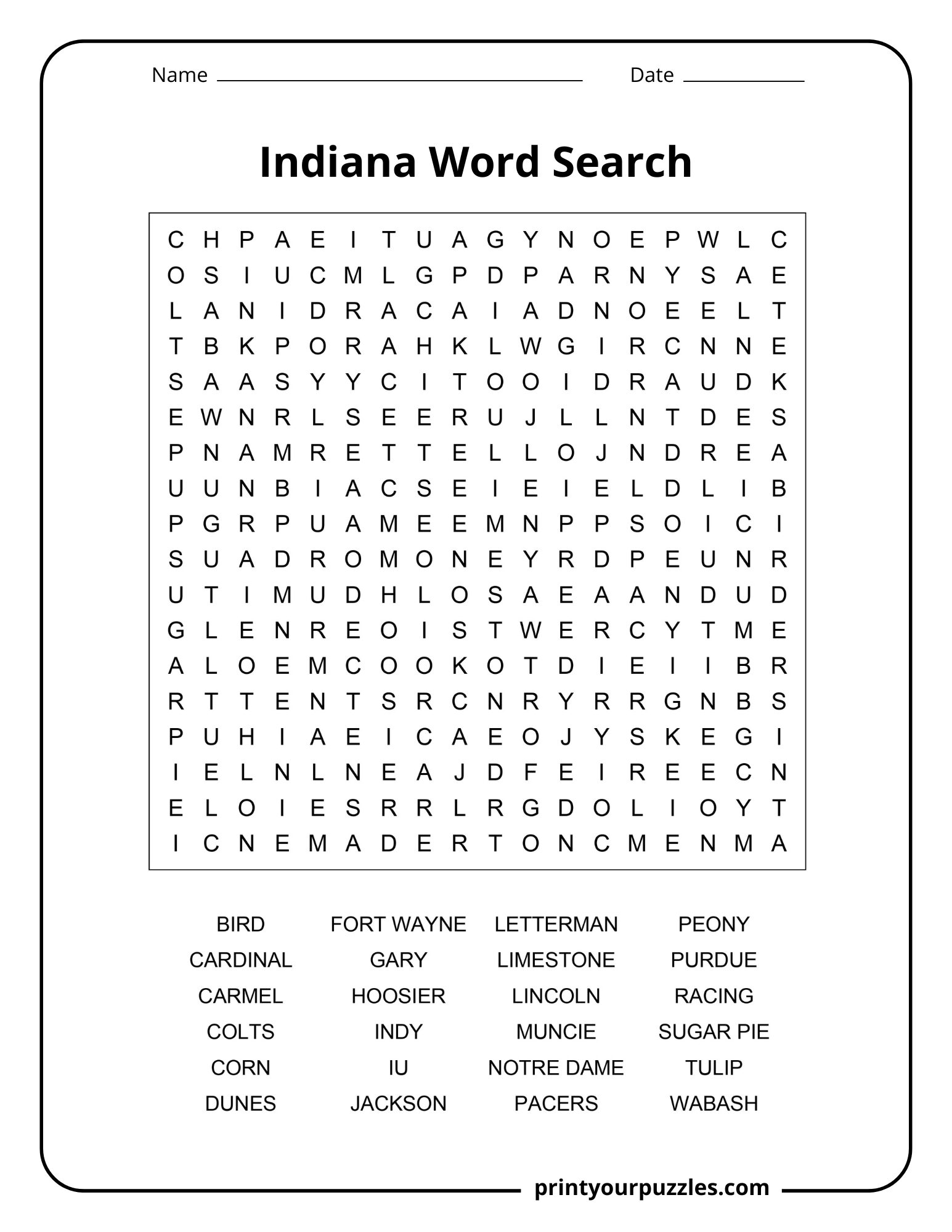 Indiana Word Search | Print Your Puzzles