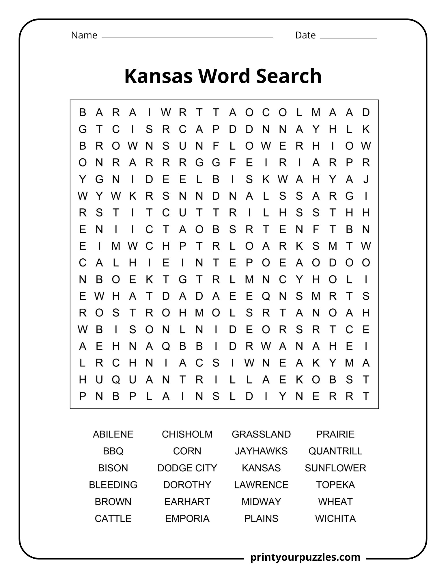 Kansas Word Search | Print Your Puzzles