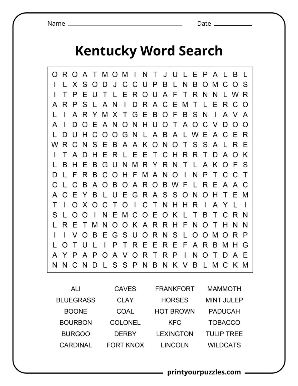 Kentucky Word Search | Print Your Puzzles