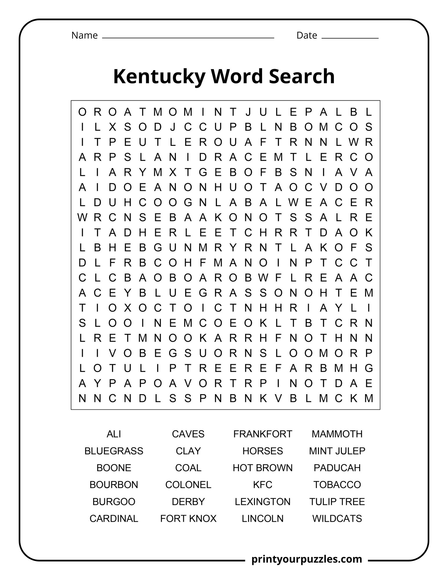 Kentucky Word Search | Print Your Puzzles