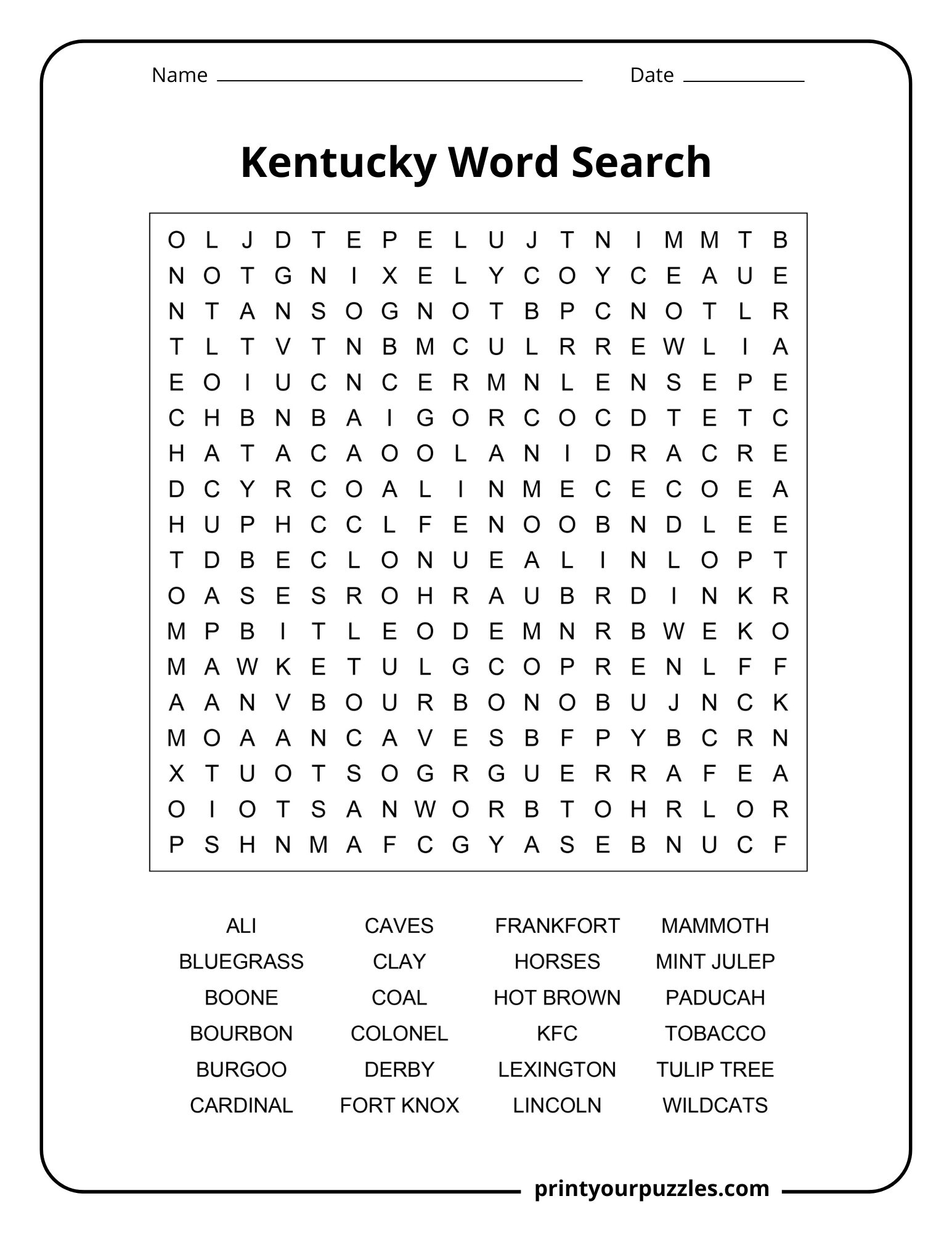 Kentucky Word Search | Print Your Puzzles