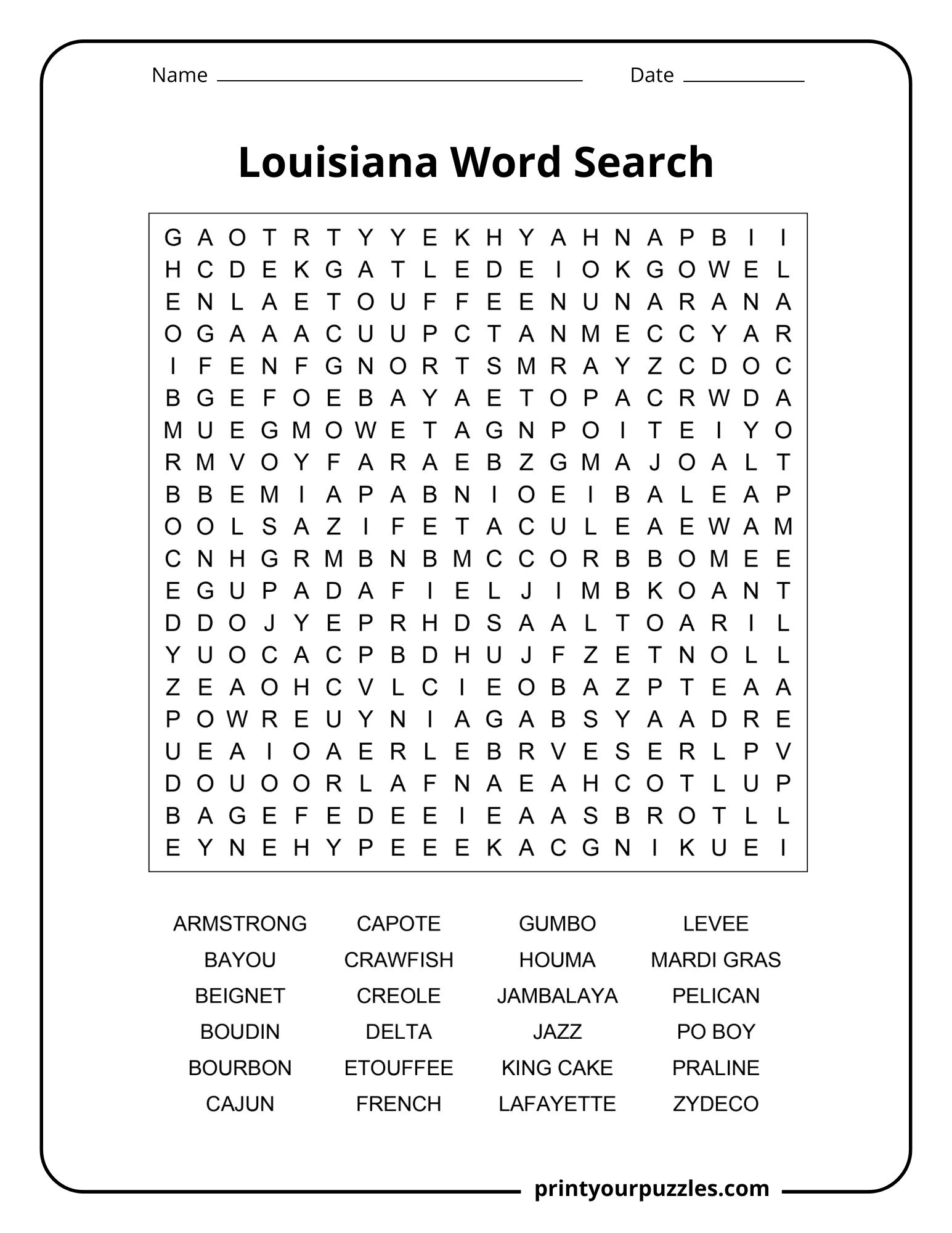 Louisiana Word Search | Print Your Puzzles