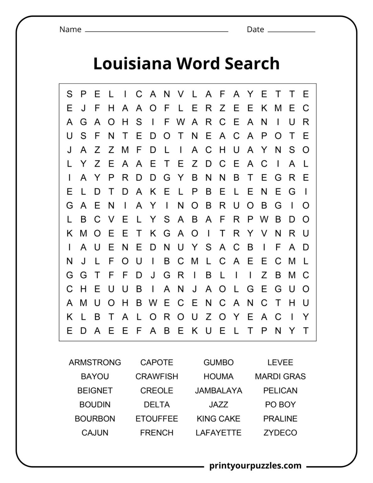 Louisiana Word Search | Print Your Puzzles