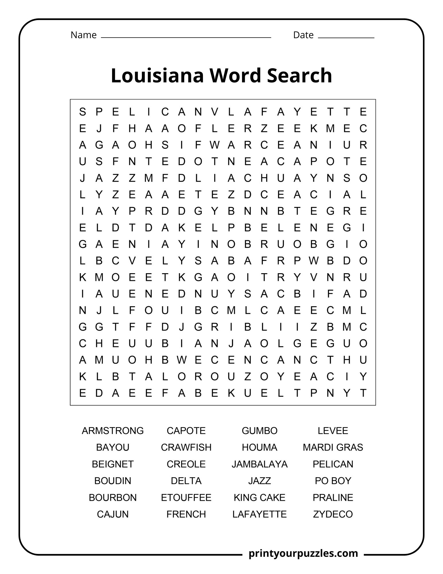 Louisiana Word Search | Print Your Puzzles