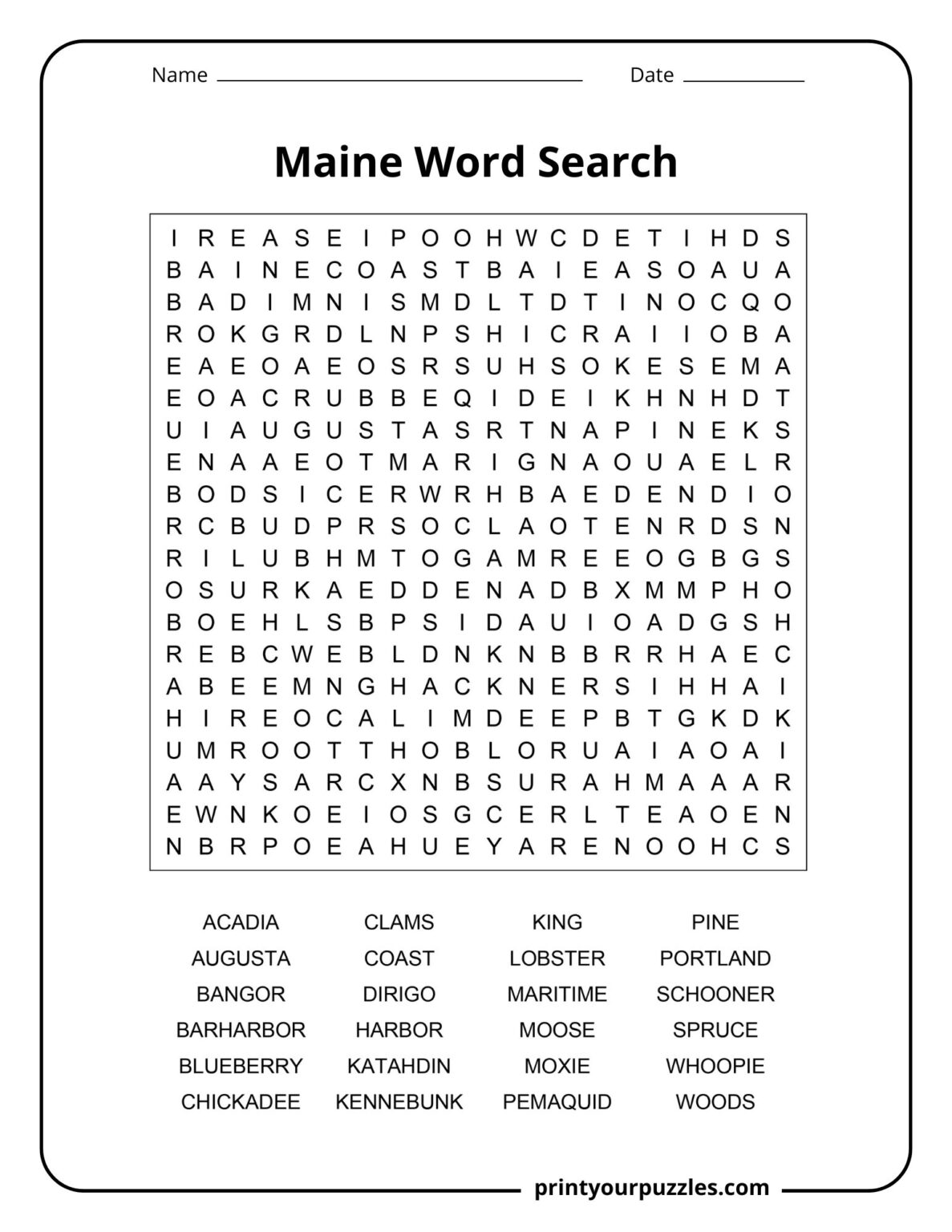 Maine Word Search | Print Your Puzzles