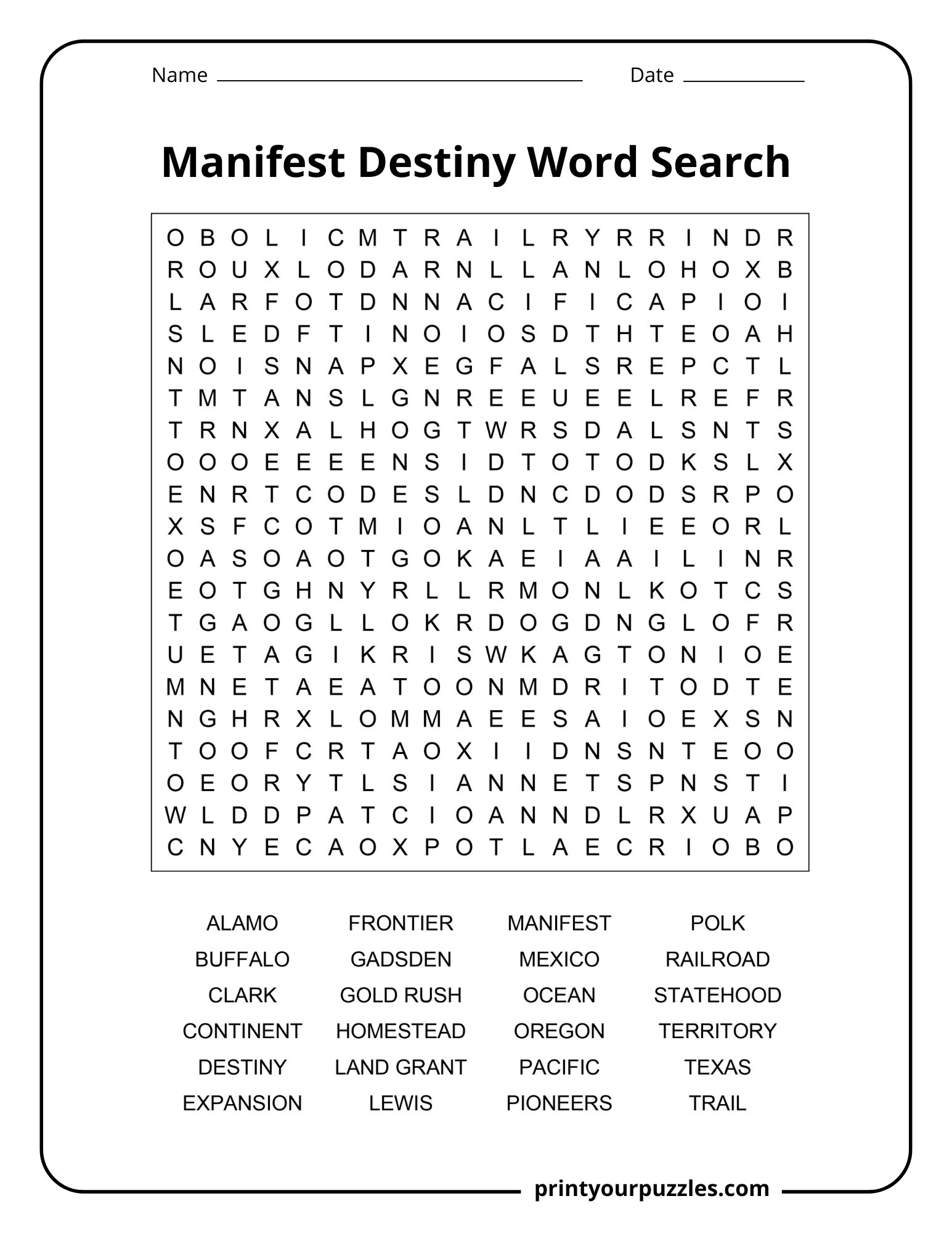 Manifest Destiny Word Search | Print Your Puzzles