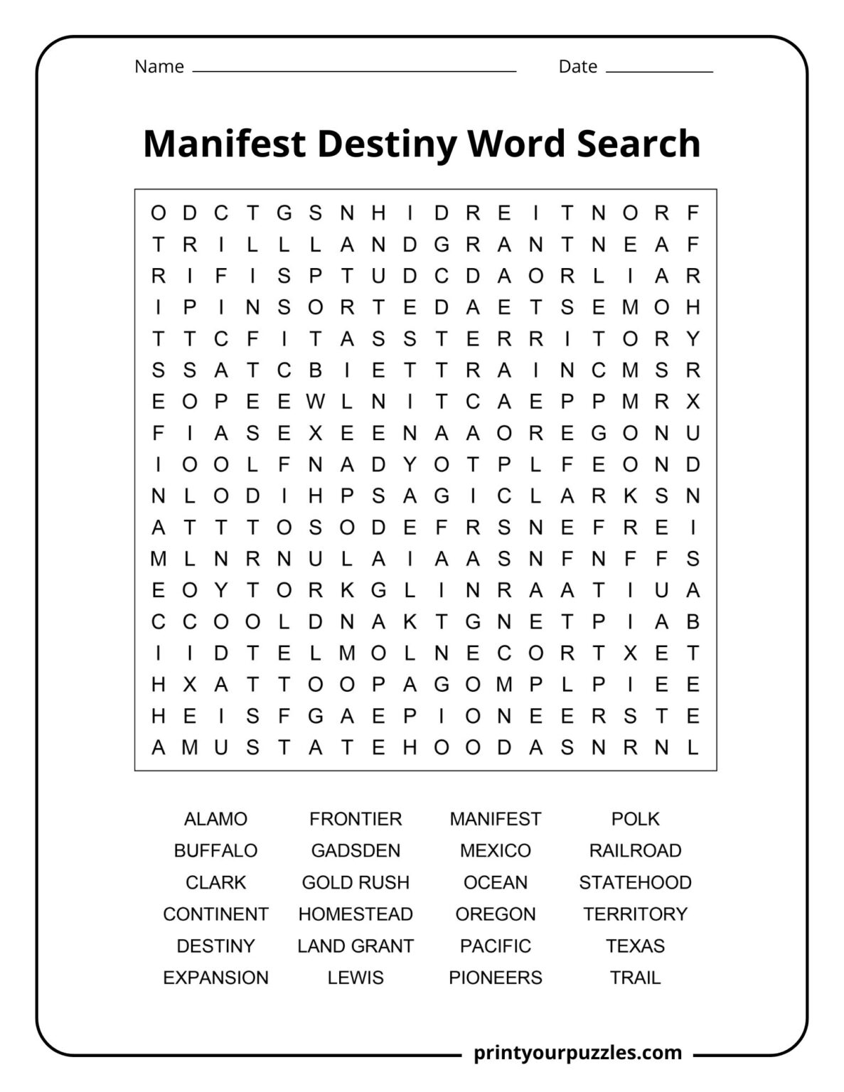 Manifest Destiny Word Search | Print Your Puzzles