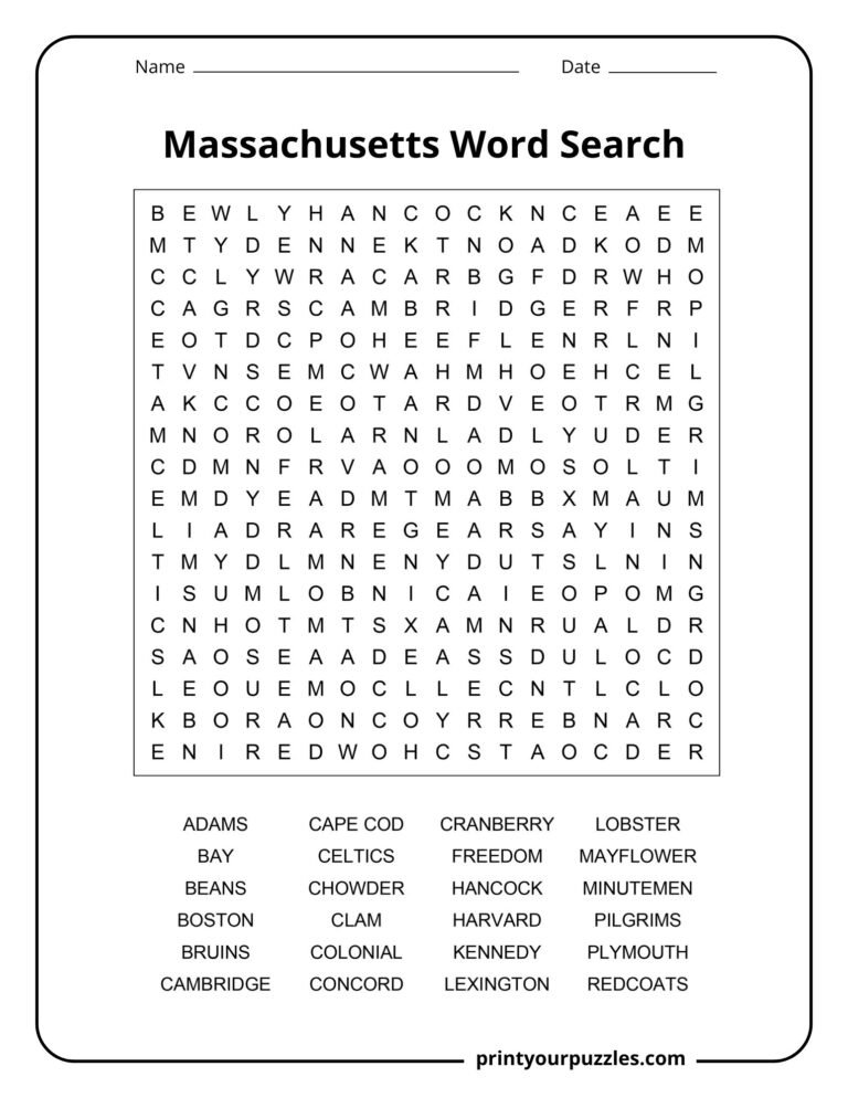 Massachusetts Word Search | Print Your Puzzles