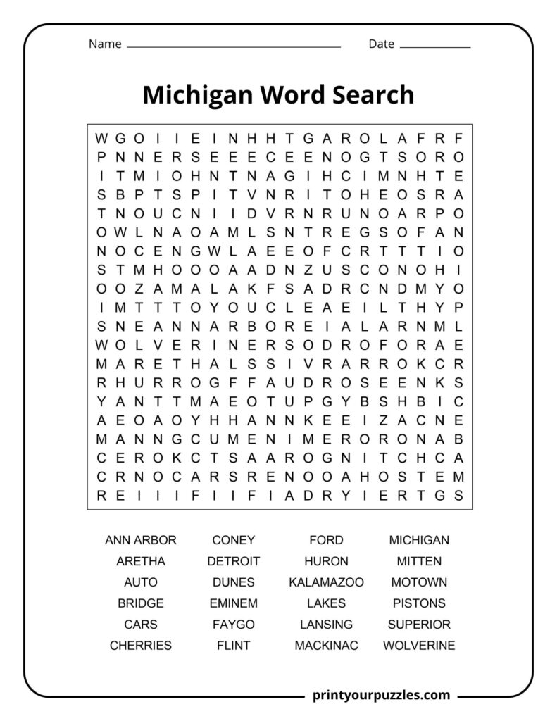 Michigan Word Search | Print Your Puzzles