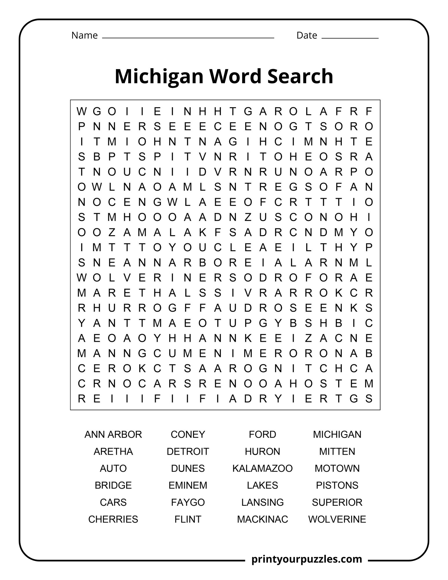 Michigan Word Search | Print Your Puzzles