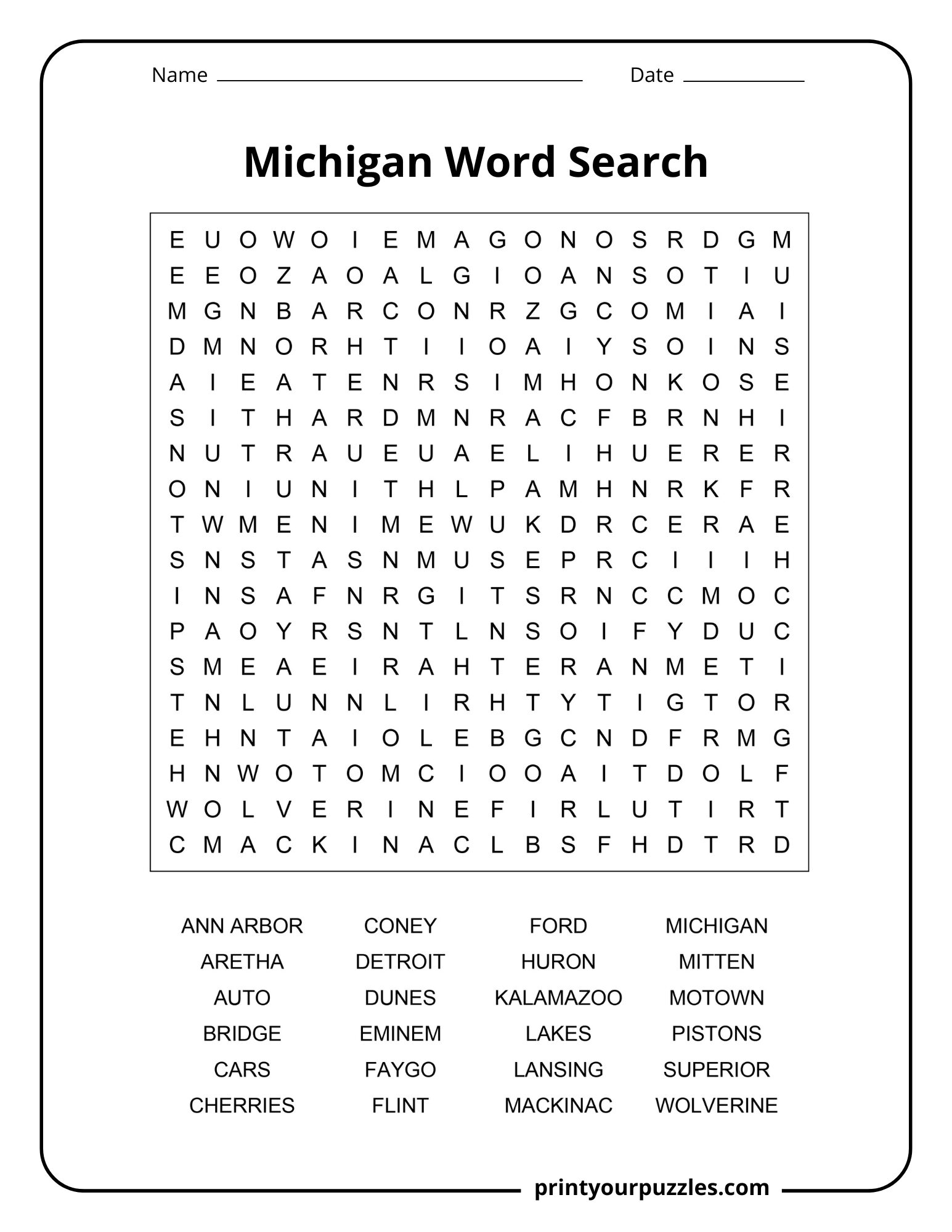Michigan Word Search | Print Your Puzzles