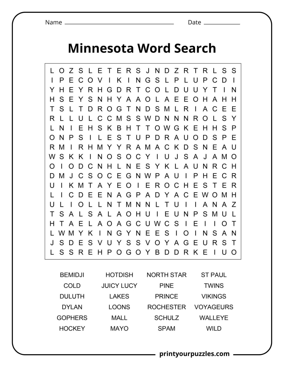 Minnesota Word Search | Print Your Puzzles