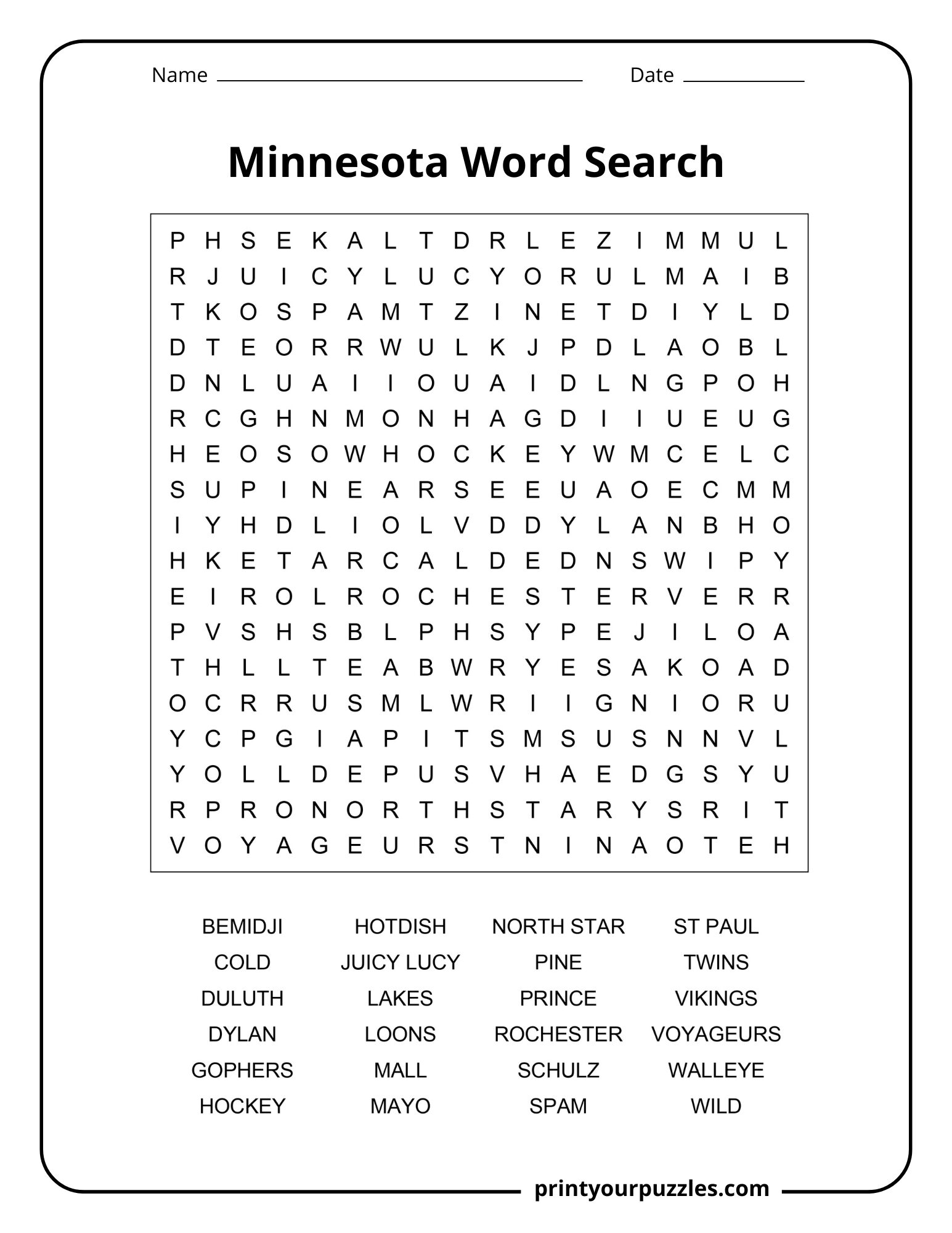 Minnesota Word Search | Print Your Puzzles