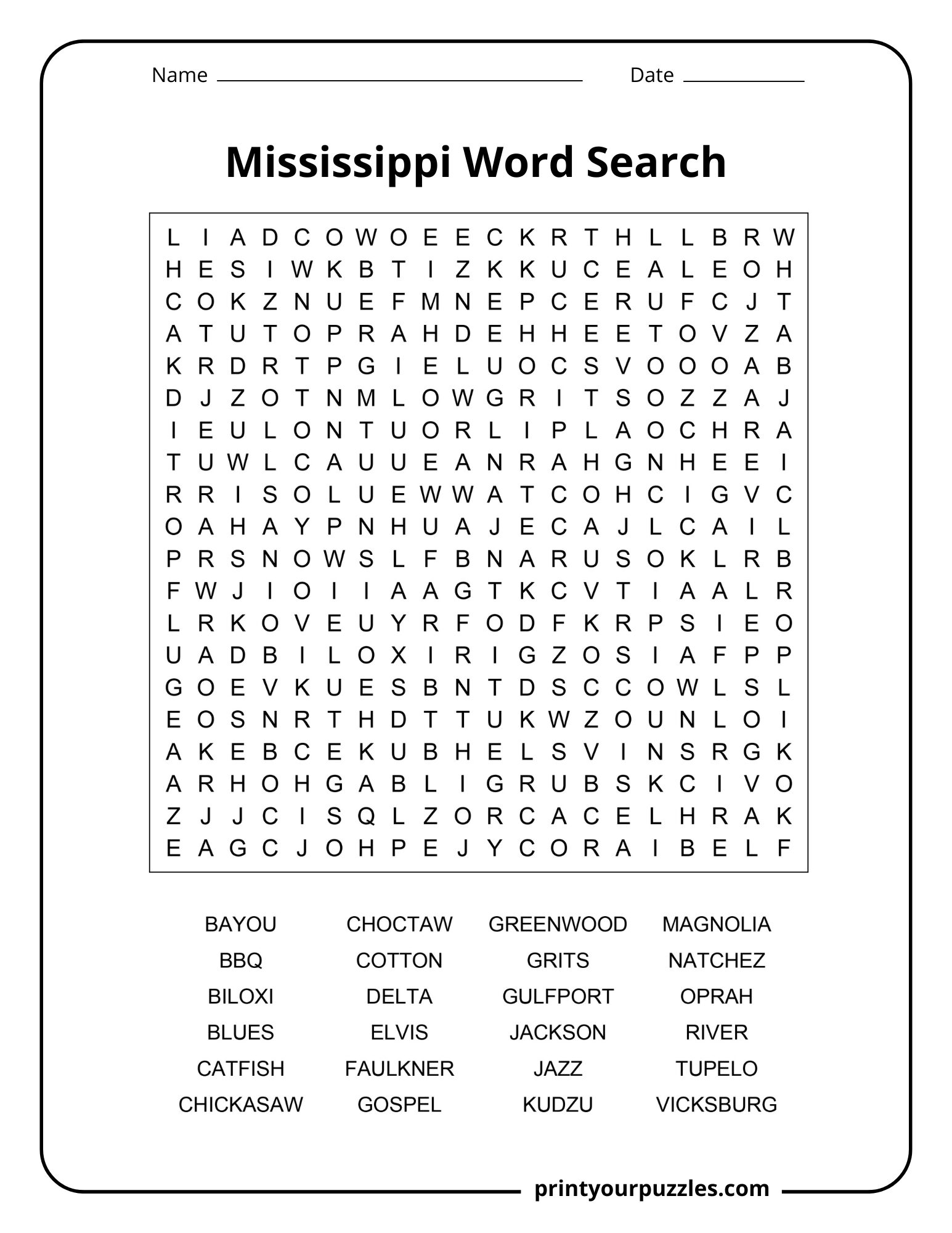 Mississippi Word Search | Print Your Puzzles