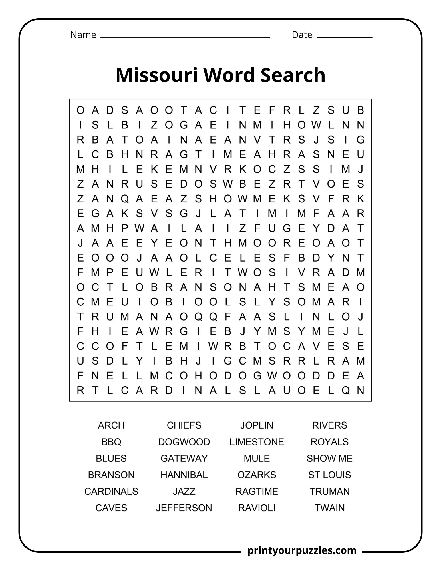 Missouri Word Search | Print Your Puzzles