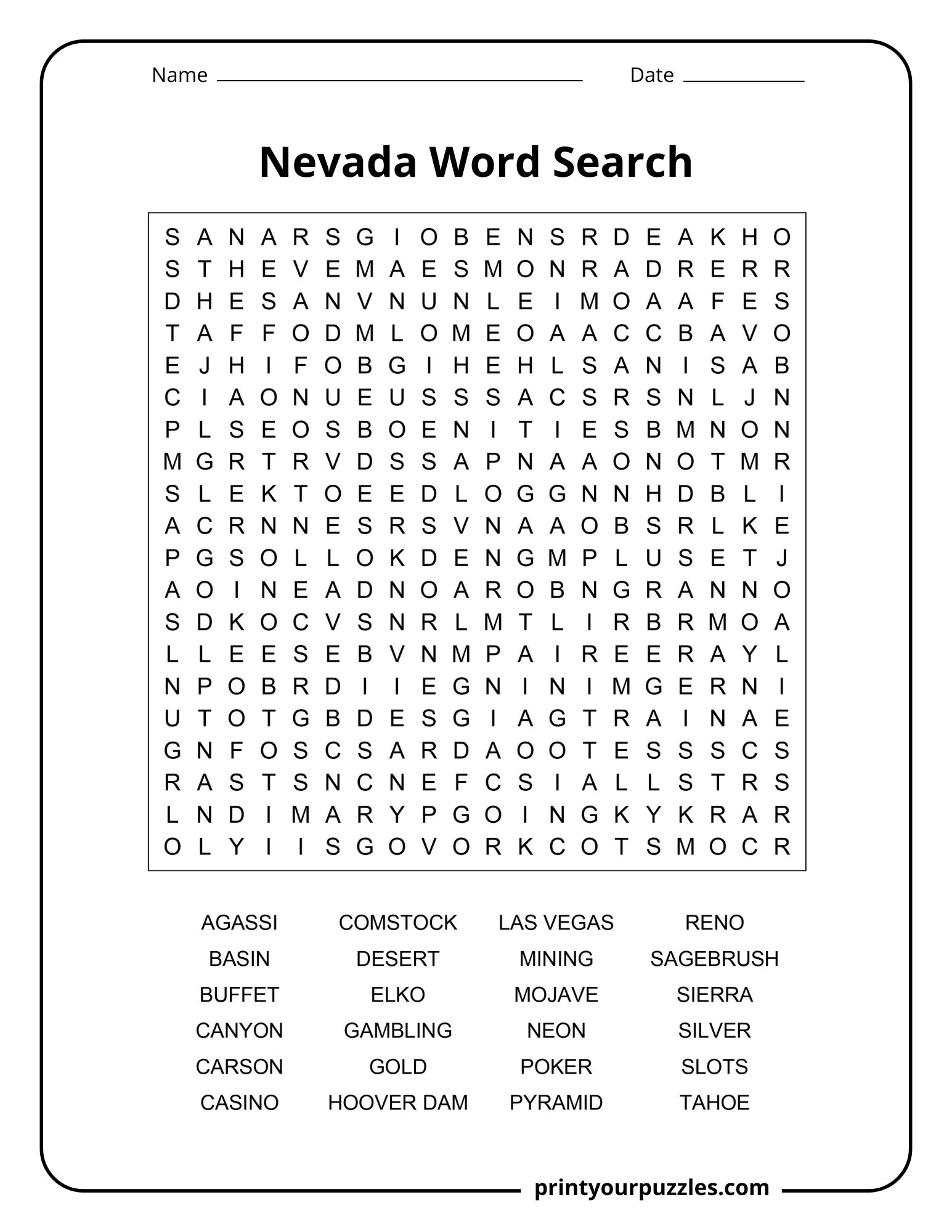 Nevada Word Search | Print Your Puzzles