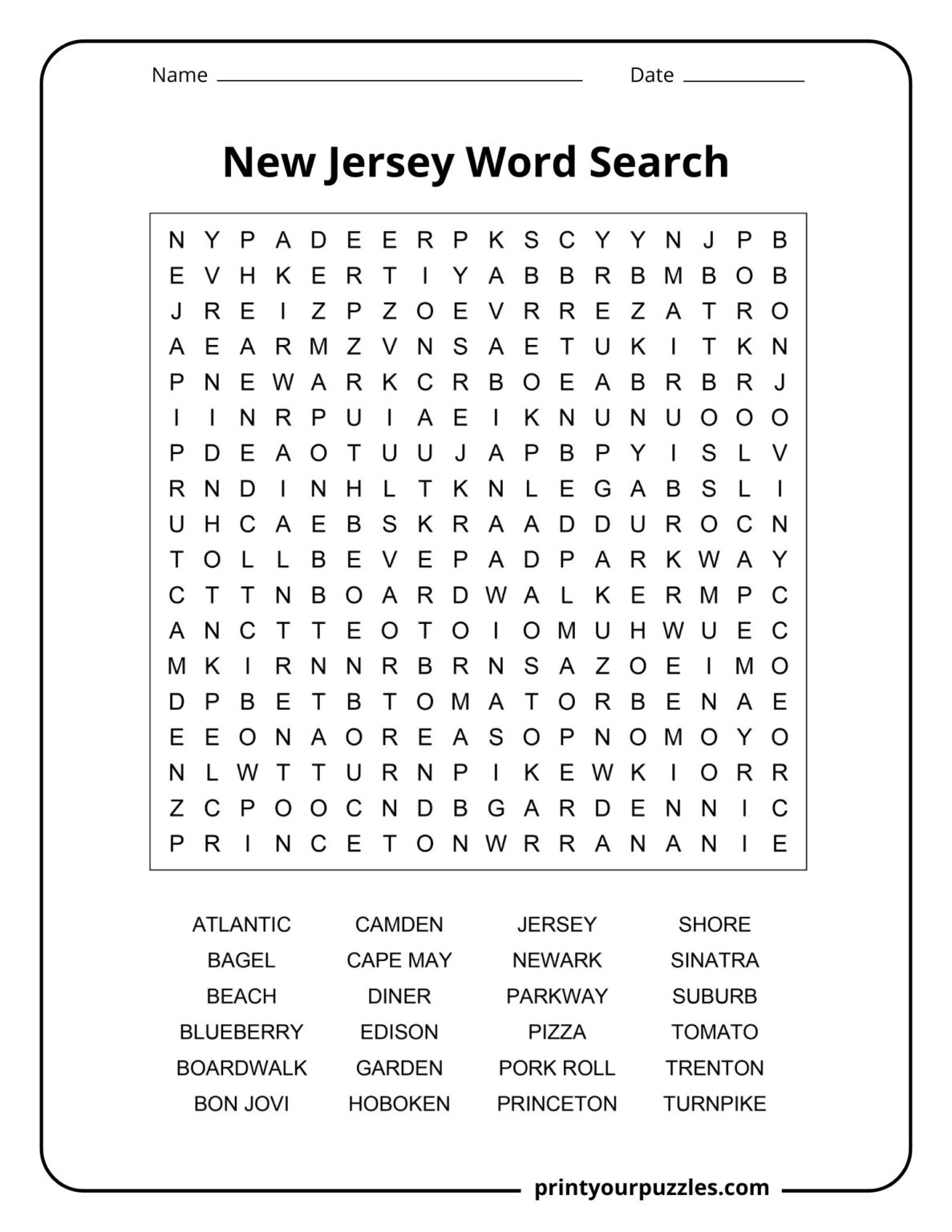 New Jersey Word Search | Print Your Puzzles