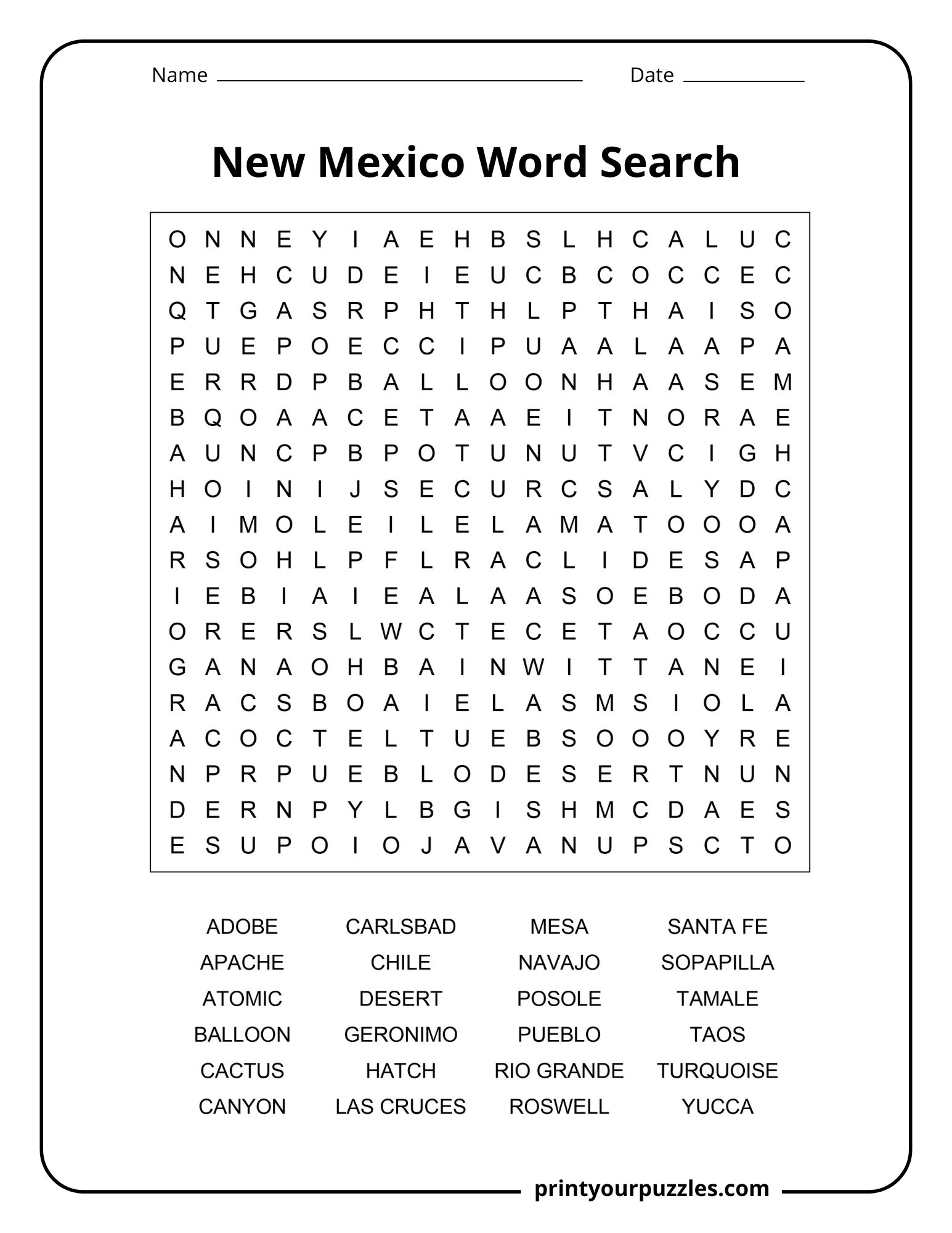 New Mexico Word Search | Print Your Puzzles