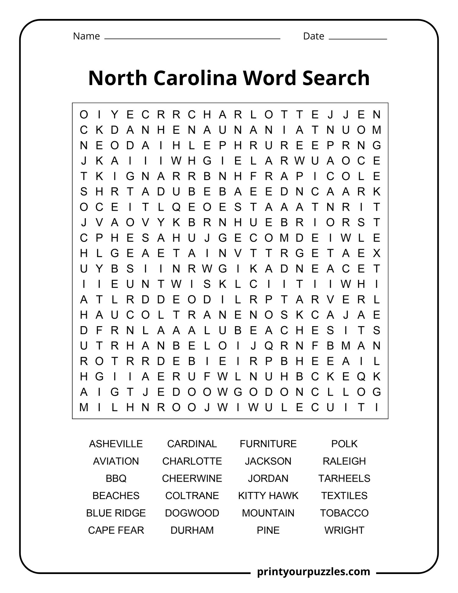 North Carolina Word Search | Print Your Puzzles