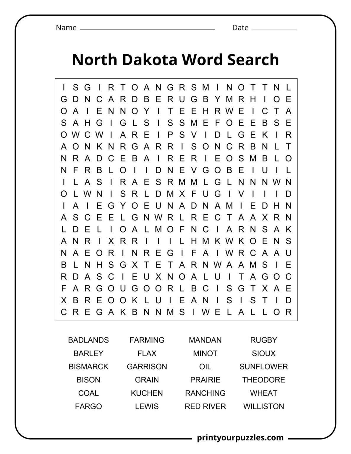 North Dakota Word Search | Print Your Puzzles