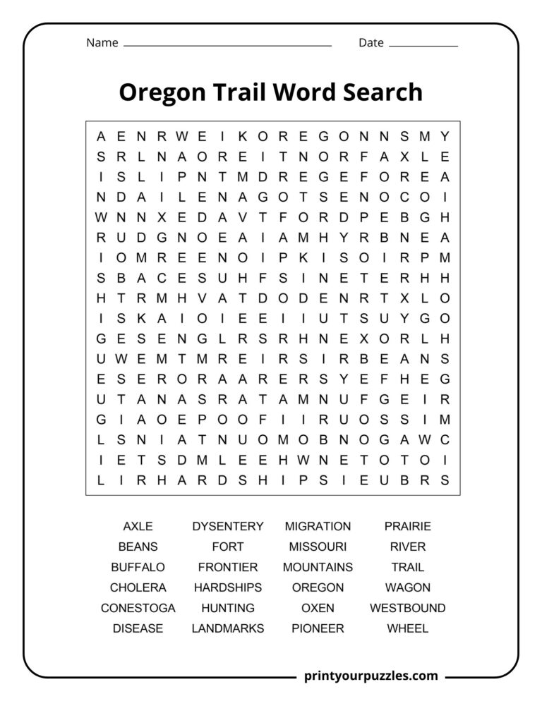Oregon Trail Word Search | Print Your Puzzles