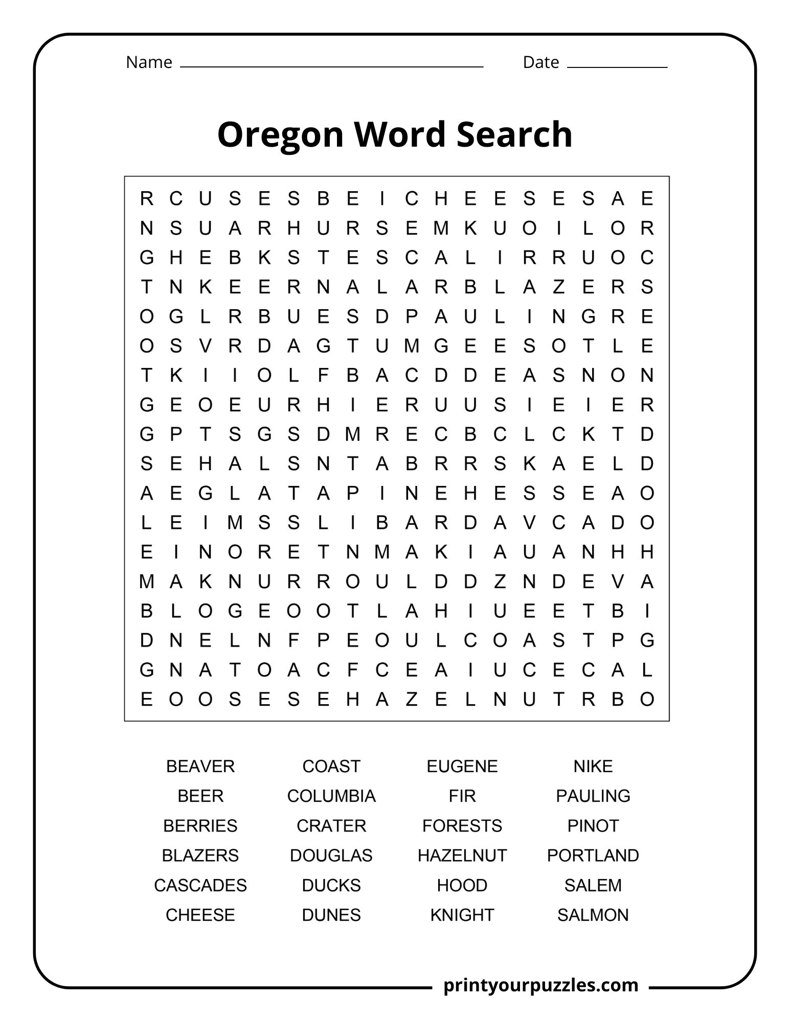 Oregon Word Search | Print Your Puzzles