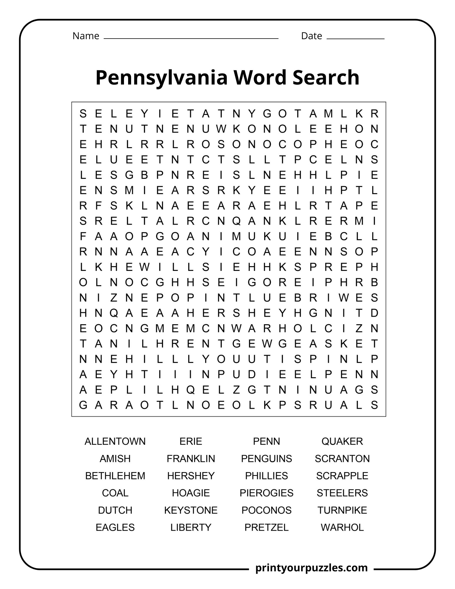 Pennsylvania Word Search | Print Your Puzzles
